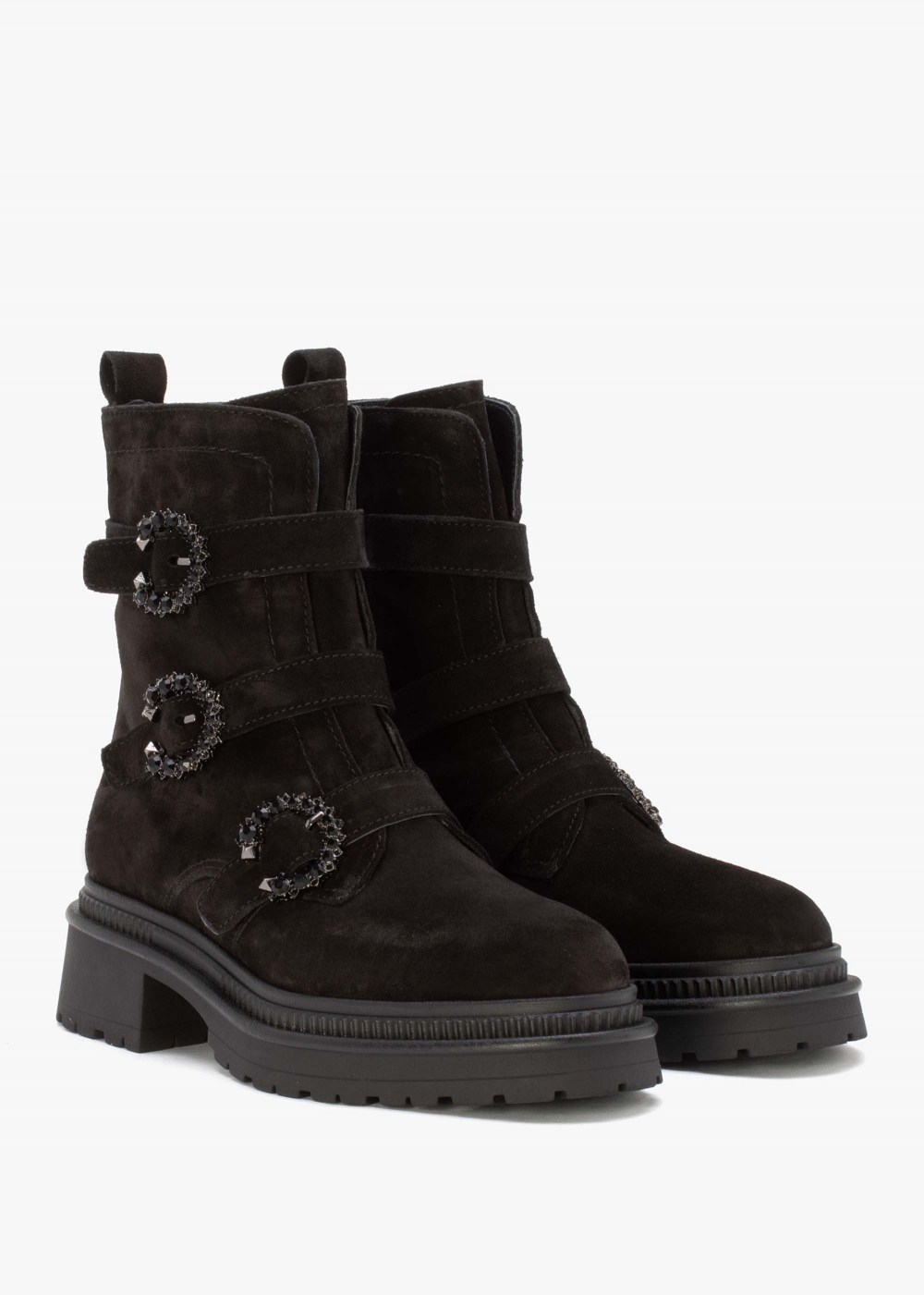 ALPE Akita Black Suede Jeweled Biker Boots Size: 39, Colour: Black Sue