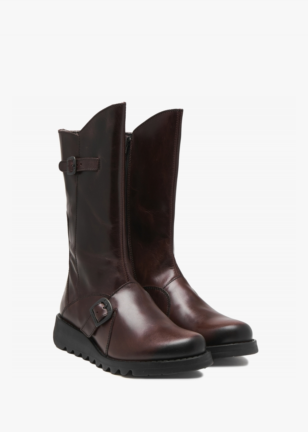 FLY LONDON Mes II Wine Leather Low Wedge Calf Boots Size: 36, Colour: